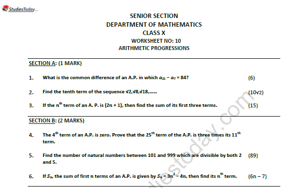 CBSE Class 10 Mathematics Arithmetic Progressions Worksheet Set C CBSE Class 10 Mathematics Arithmetic Progressions Worksheet Set C